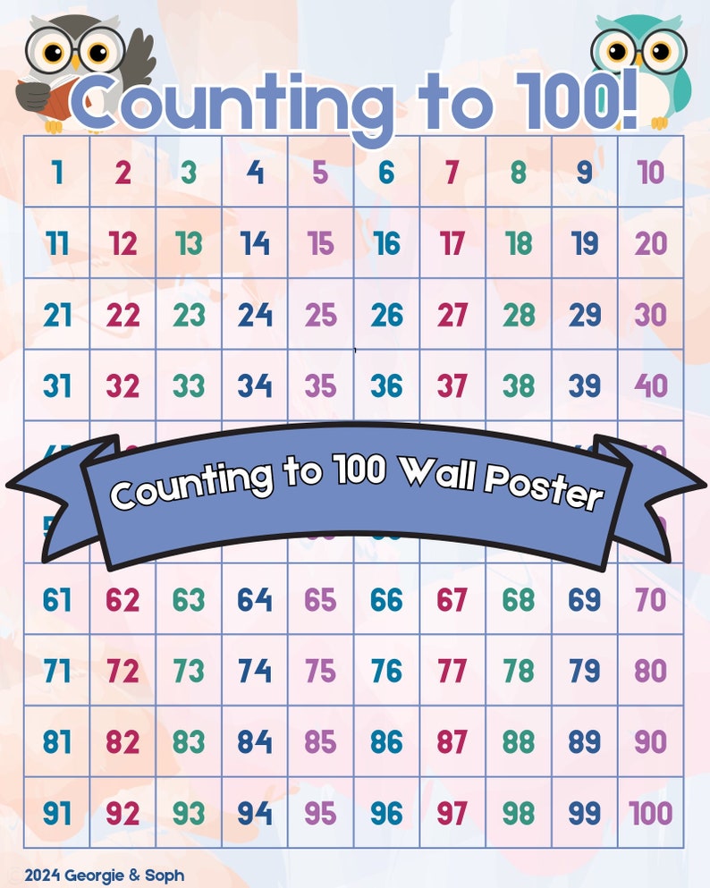 Counting to 100 | Classroom Wall Poster | Owl & Watercolor Theme - Etsy