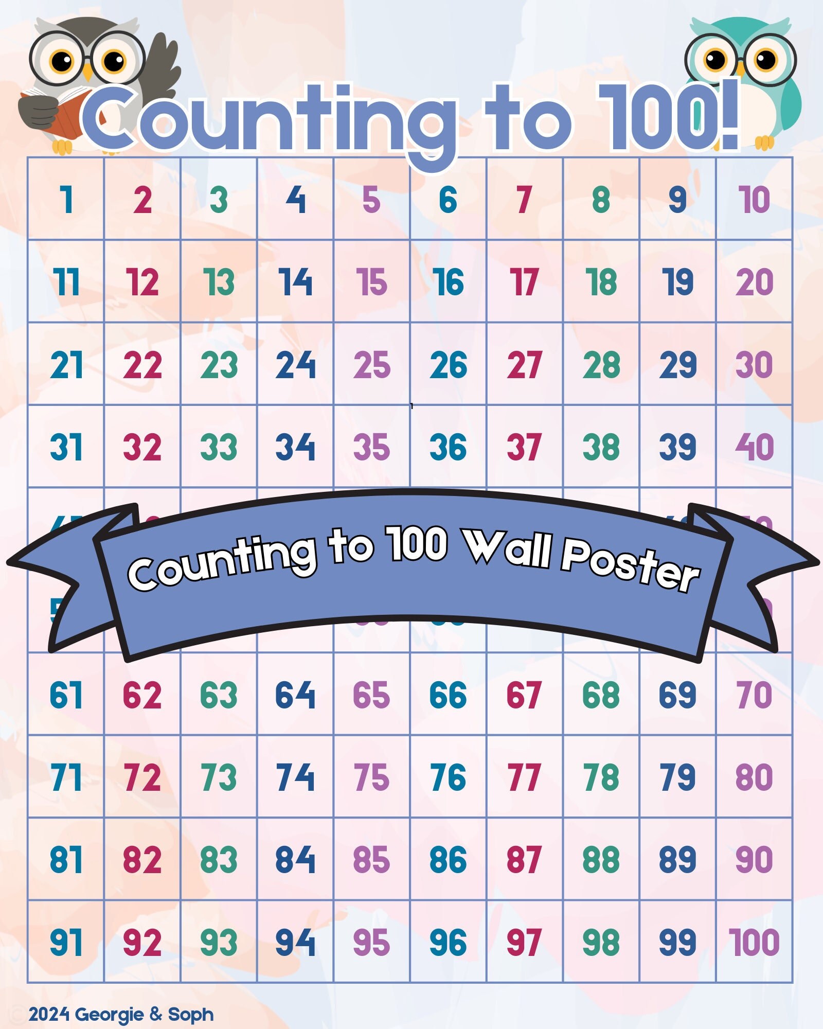 Counting to 100 | Classroom Wall Poster | Owl & Watercolor Theme - Etsy