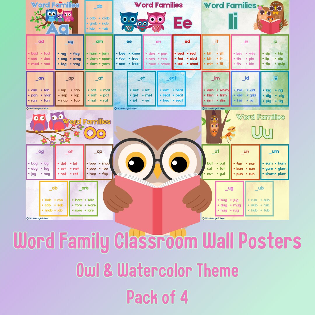 Word Families Classroom Posters | Owl & Watercolor Theme | Set of 4 - Etsy