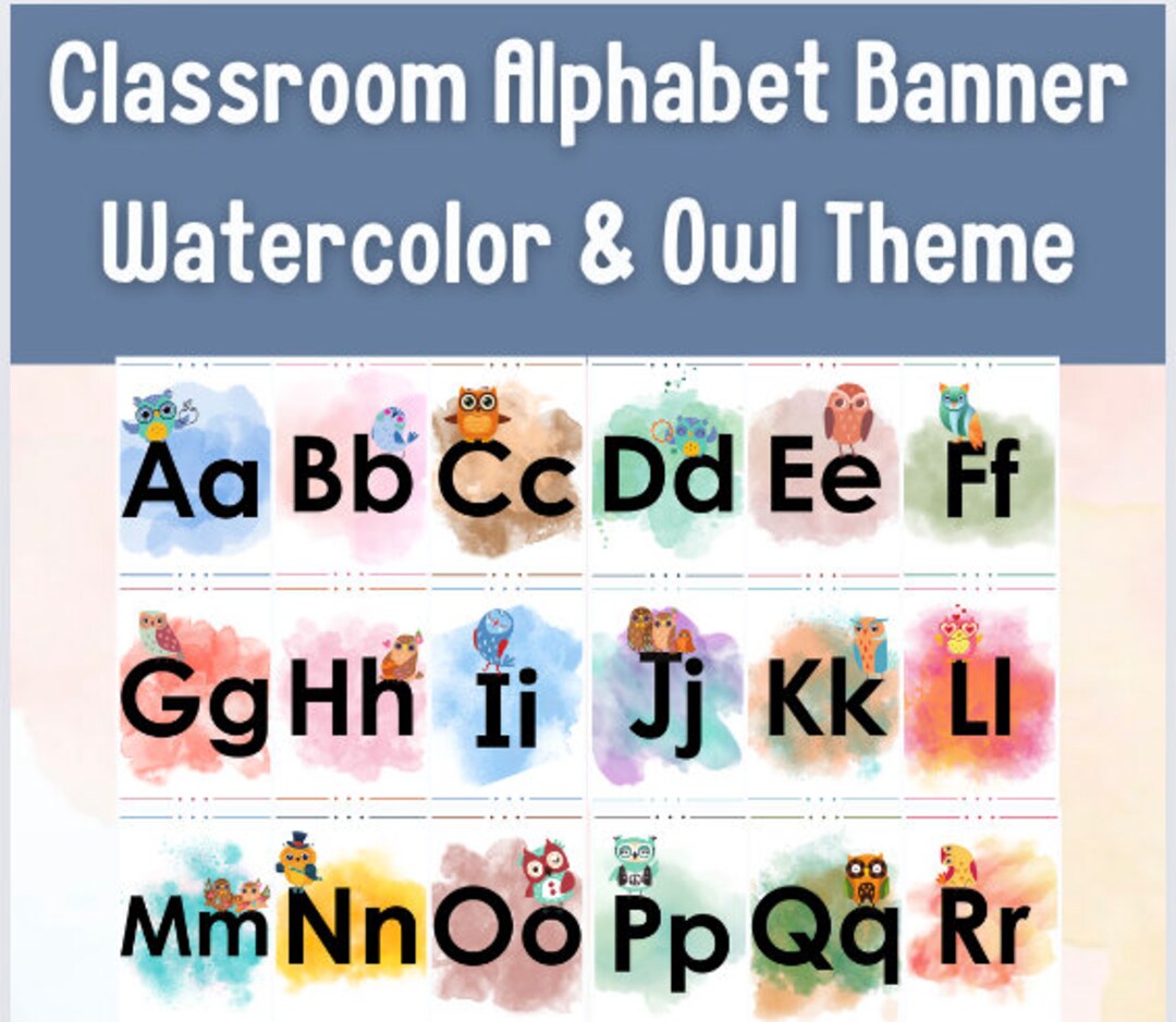 Alphabet Classroom Banner | Owl and Watercolor Themed - Etsy