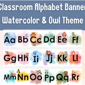 Alphabet Classroom Banner | Owl and Watercolor Themed - Etsy