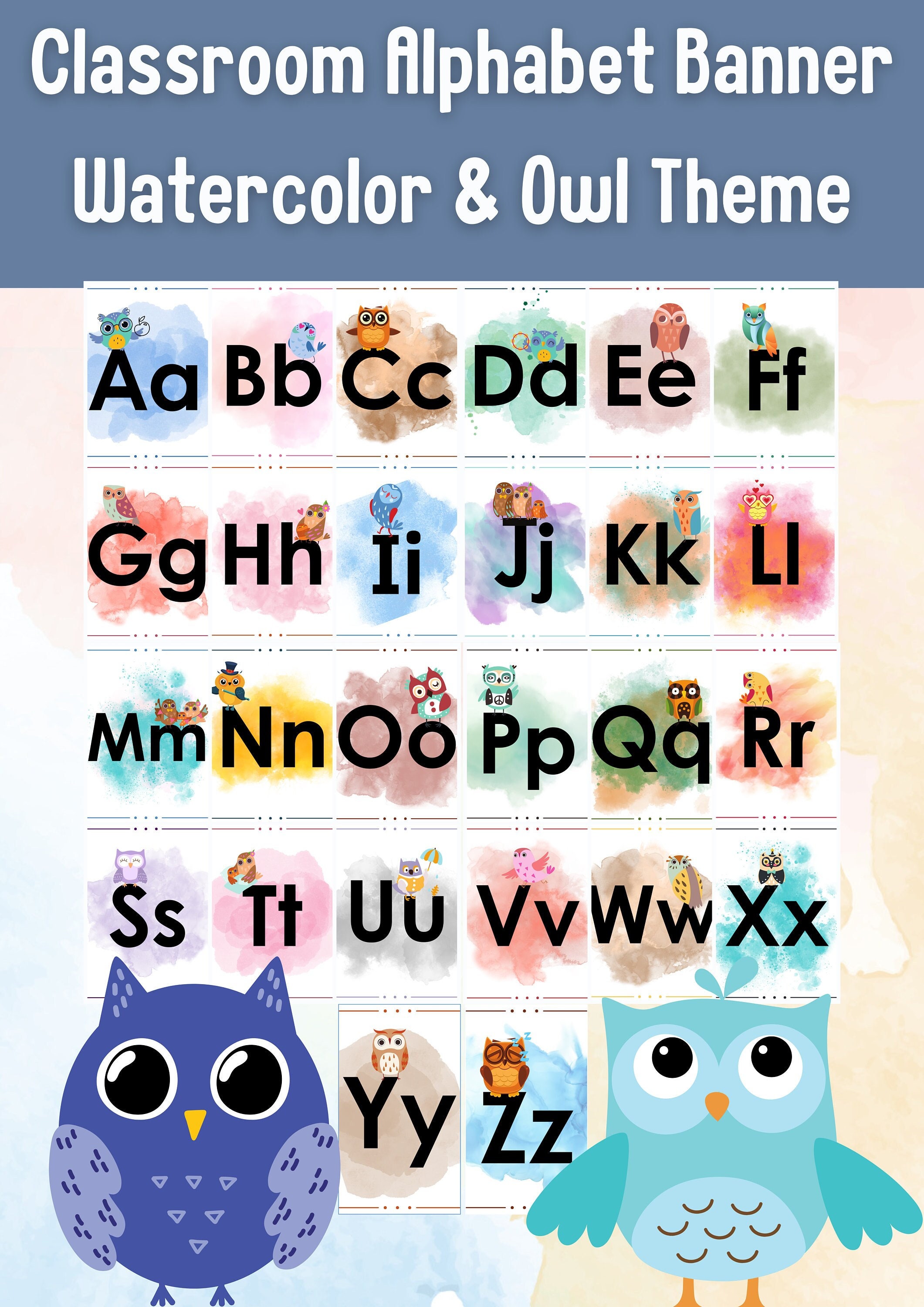 Alphabet Classroom Banner | Owl and Watercolor Themed - Etsy