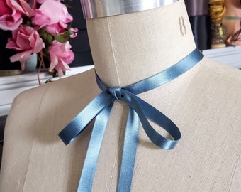 Blue Vintage Satin Ribbon Choker bow choker ribbon necklace Belle Epoch jabot with clasp