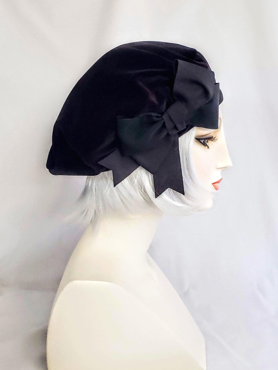 Lux Black Velvet Beret With Vintage Ribbon Bow, Hat, Women's Tam ...