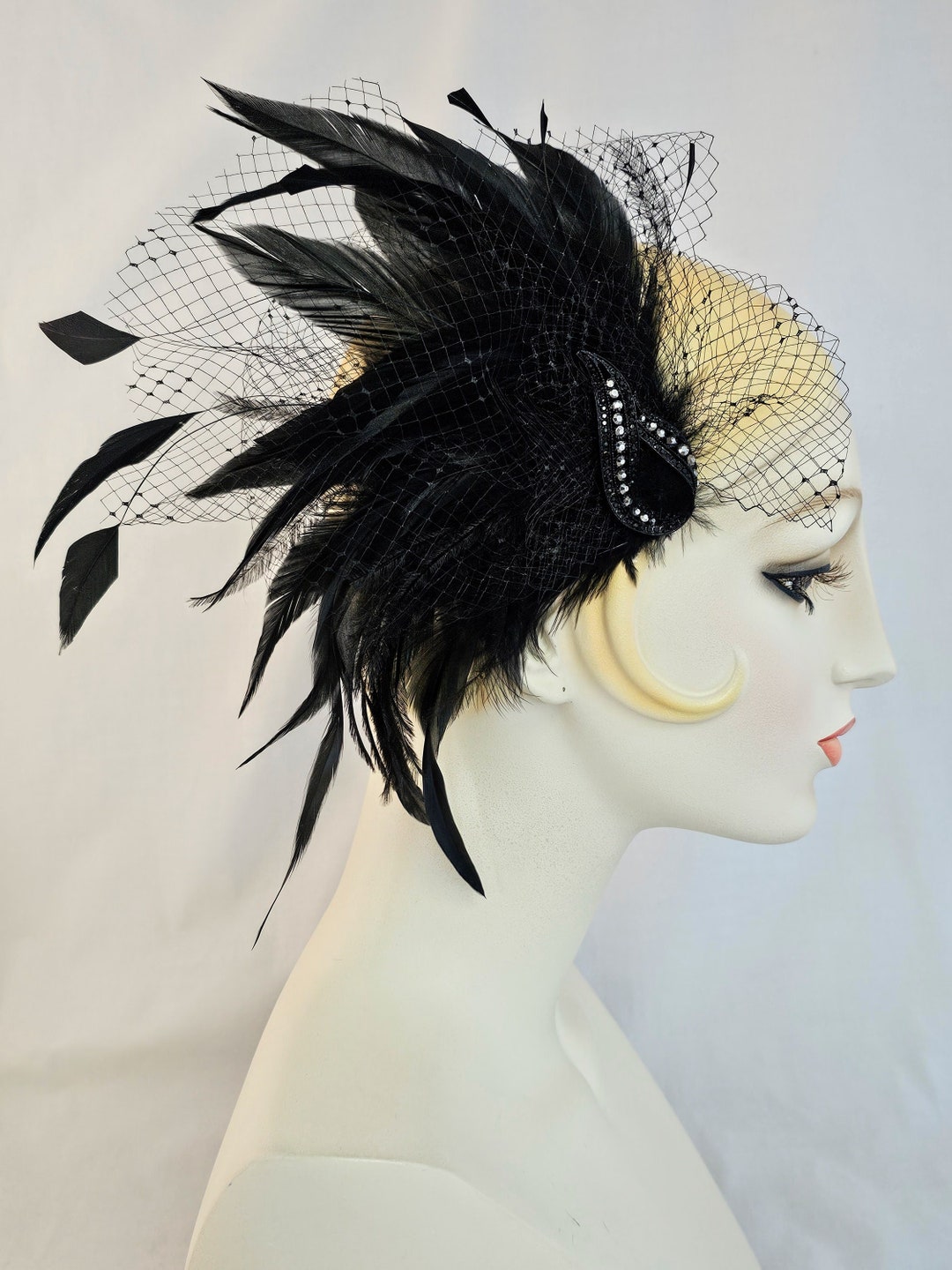 Black Feather Hair Clip With Vintage French Silk Veil, Flapper ...