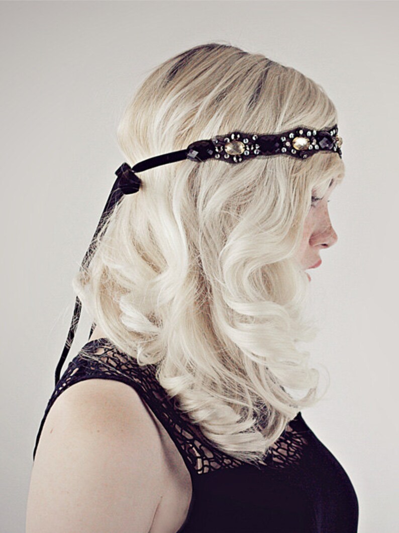 Guinevere Black and Antique Gold Beaded Headband Flapper Head | Etsy