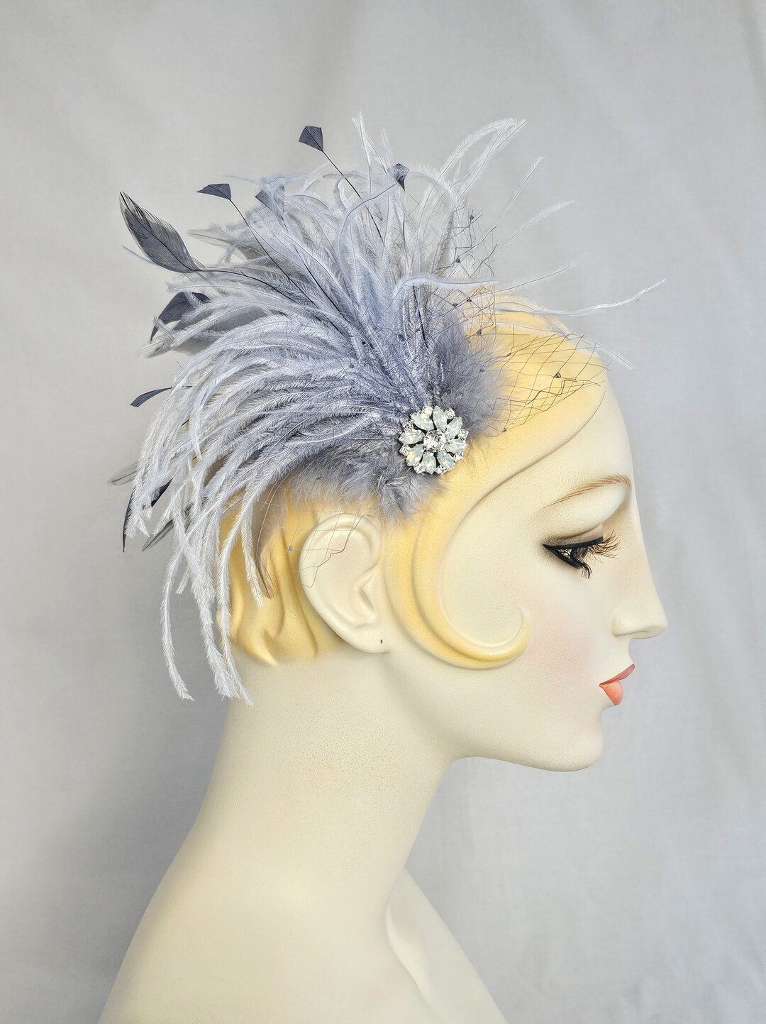 Silver Gray Ostrich Feather Hair Clip With Rhinestone Brooch and ...