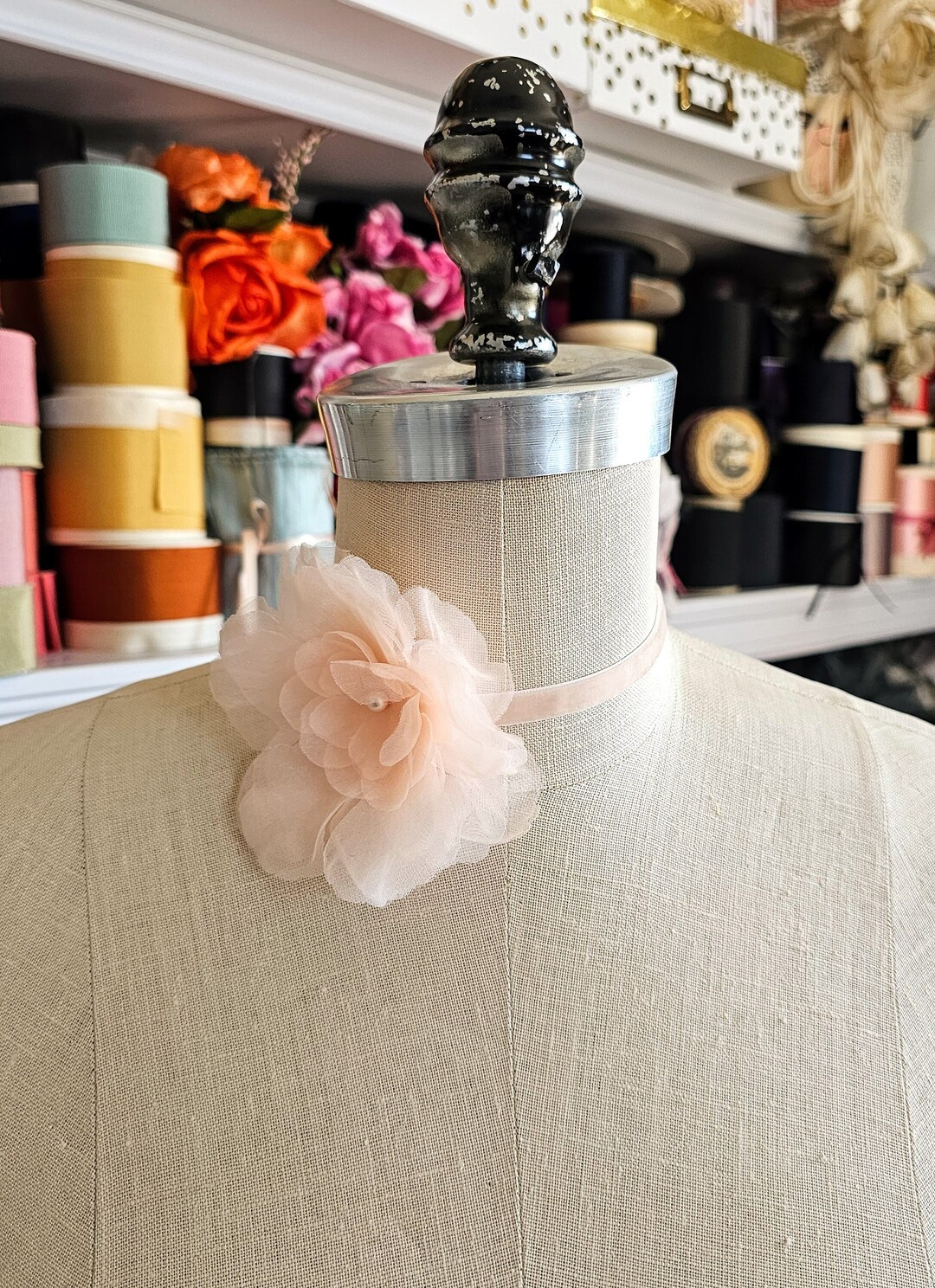 Peach Organza Flower Choker, Flower Necklace, Ribbon Choker, Velvet ...