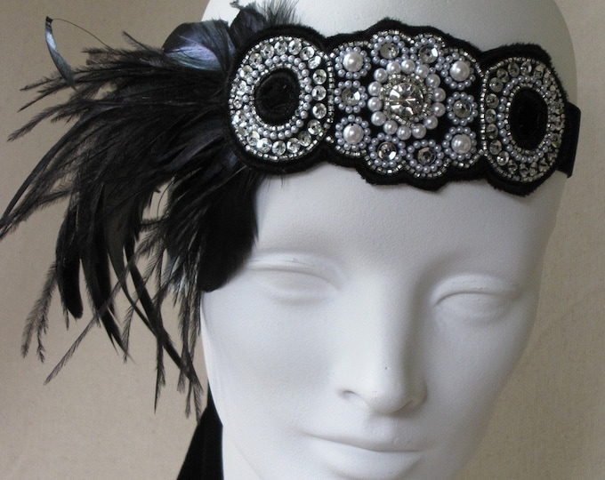 Glam Pearls and Black Deco Flapper Feather Headband Fascinator - Etsy