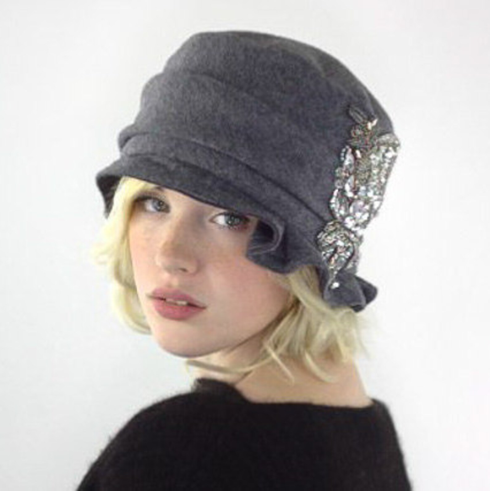 Knit Hat Flapper Cloche in Gray Wool With Pewter and Crystal - Etsy