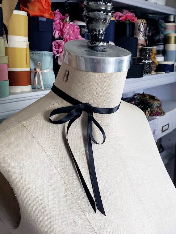 Thin Black Satin Ribbon Choker Bow Choker Ribbon Necklace Belle Epoch Jabot Adjustable With Clasp Etsy UK