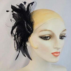 Black Feather Hair Clip With Vintage French Silk Veil, Flapper ...