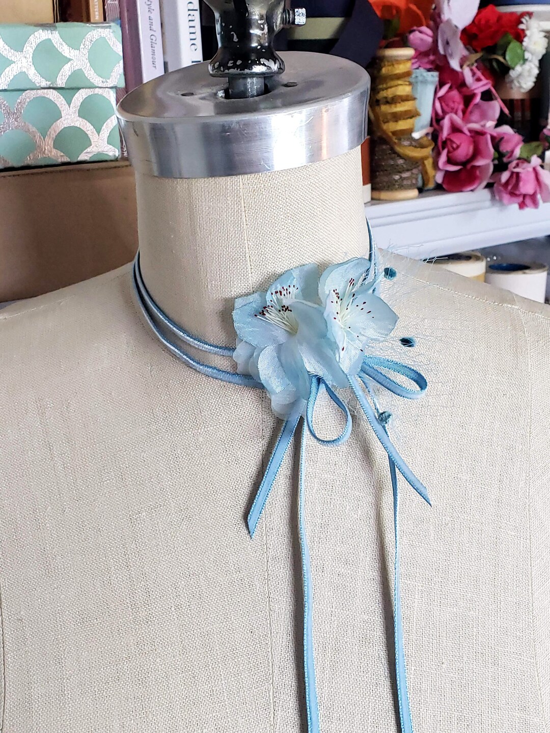 Pastel Blue Vintage Silk Flower Choker, Velvet Ribbon Choker, Ribbon ...