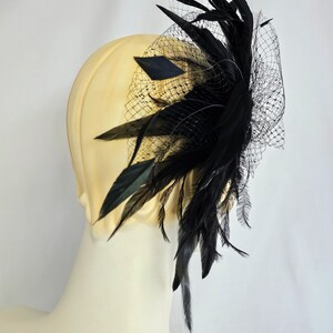 Black Feather Hair Clip With Vintage French Silk Veil, Flapper ...