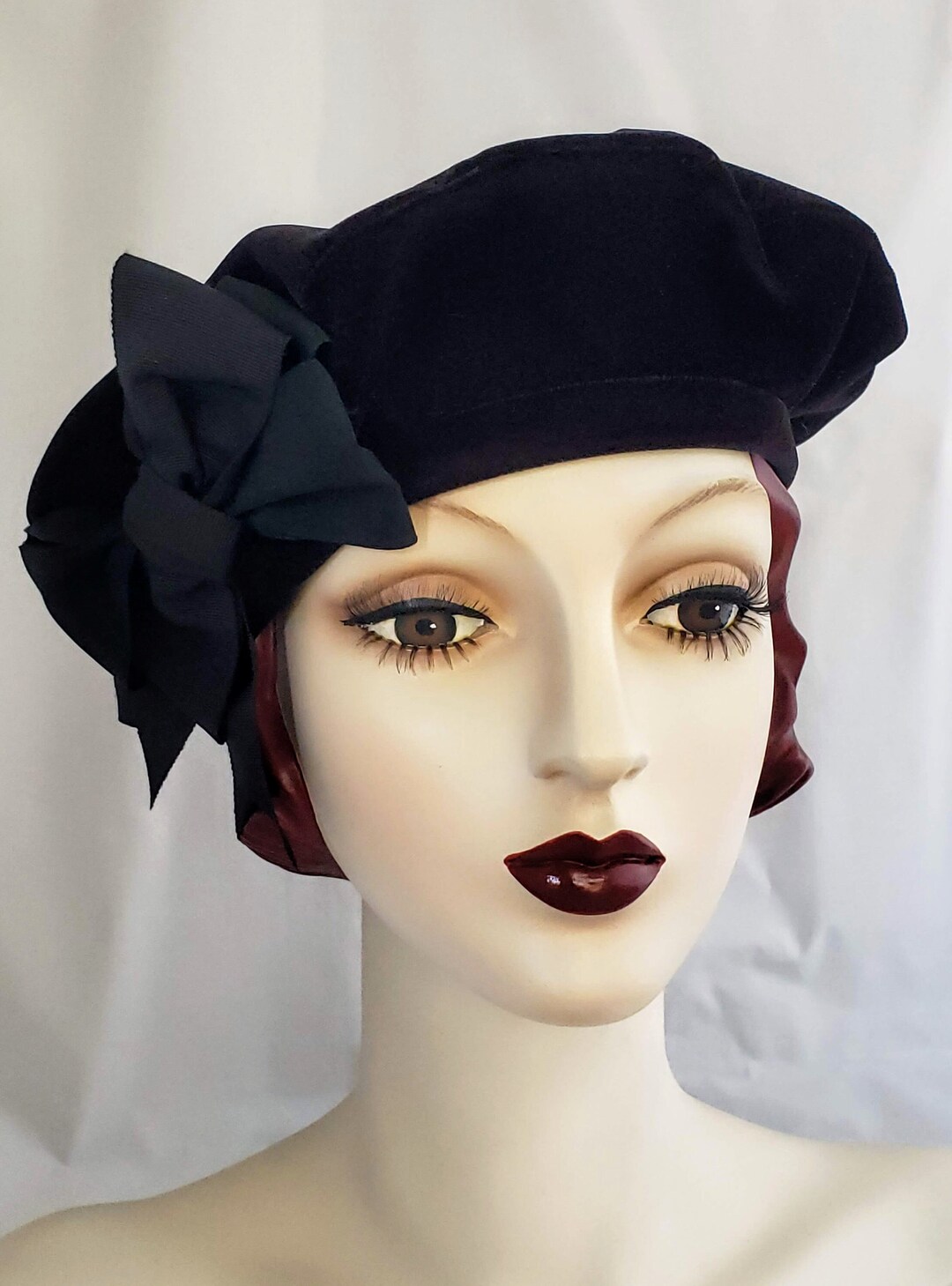 Lux Black Velvet Beret With Vintage Ribbon Bow Mini Beret - Etsy