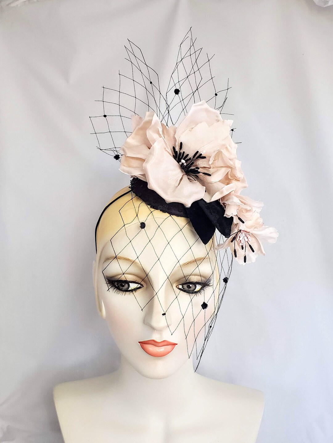 Parisian Blush Pink and Black Vintage Veil Fascinator, Floral Cocktail ...