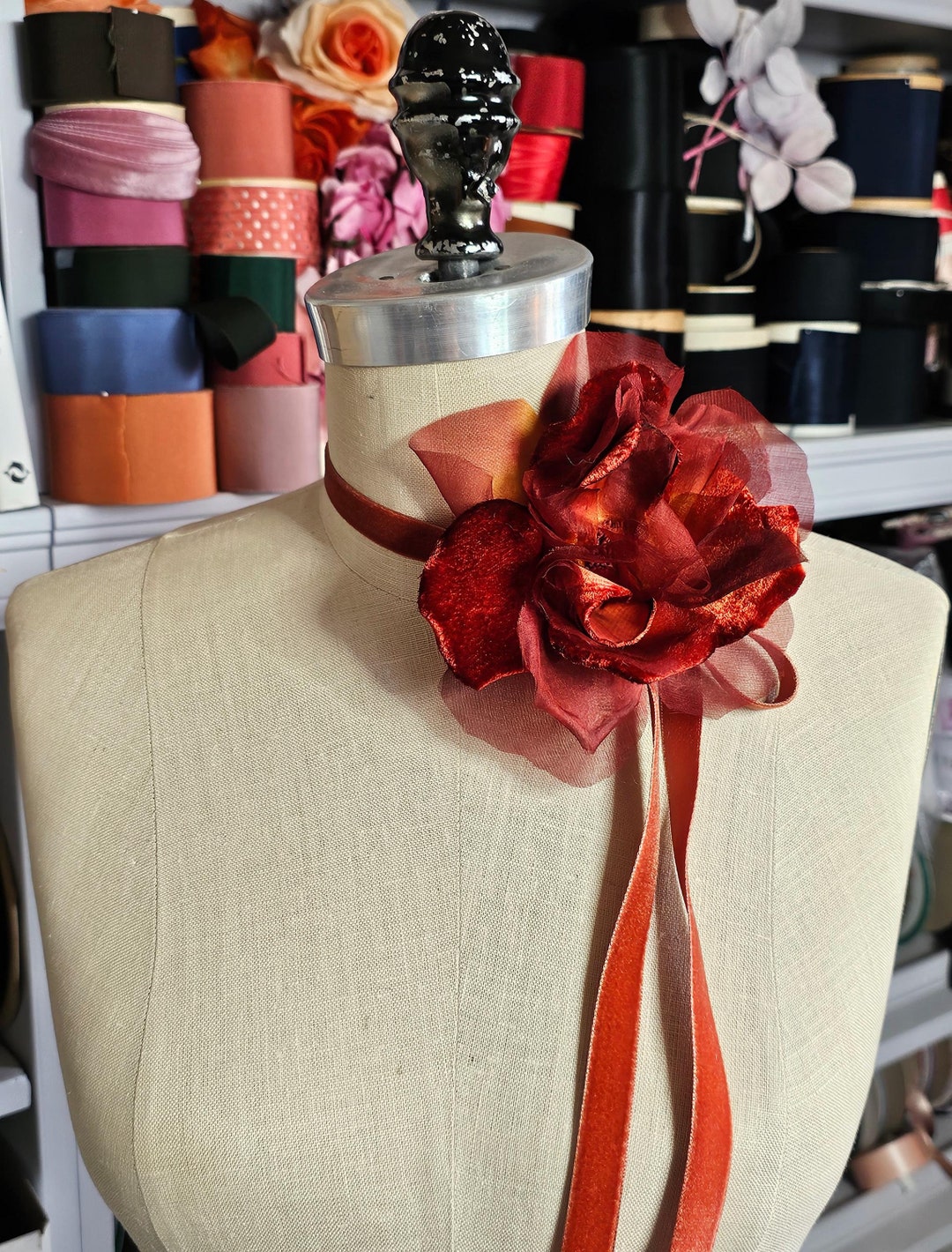 Burnt Orange Velvet and Silk Rose Choker, Velvet Ribbon Choker, Flower ...