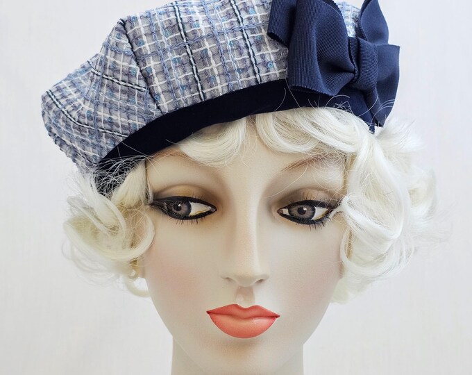 Plaid Tam, Beret in Pastel and Navy Blue, Millinery, Womens Cap, Fabric ...
