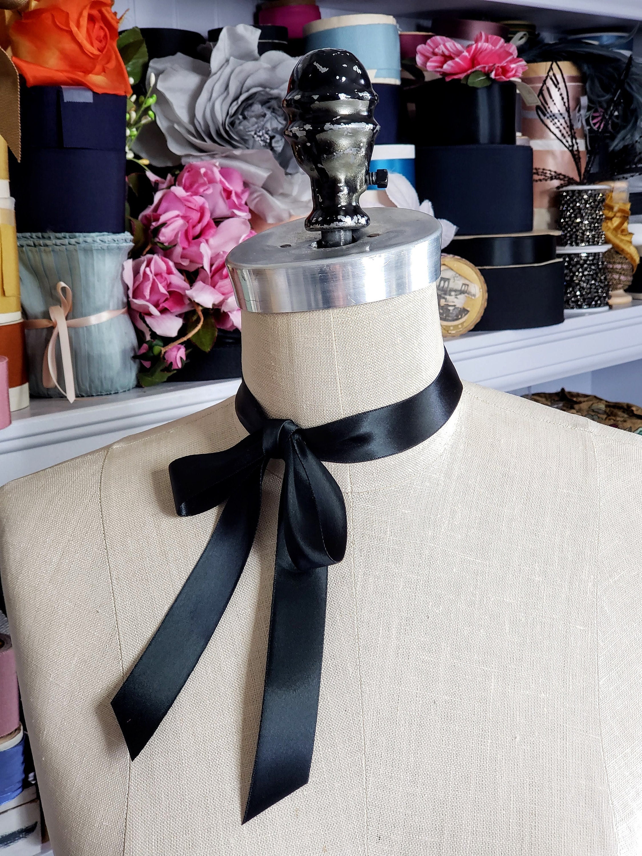 Black Vintage Satin Ribbon Choker Bow Choker Ribbon Necklace Belle Epoch Jabot Adjustable With Clasp Etsy