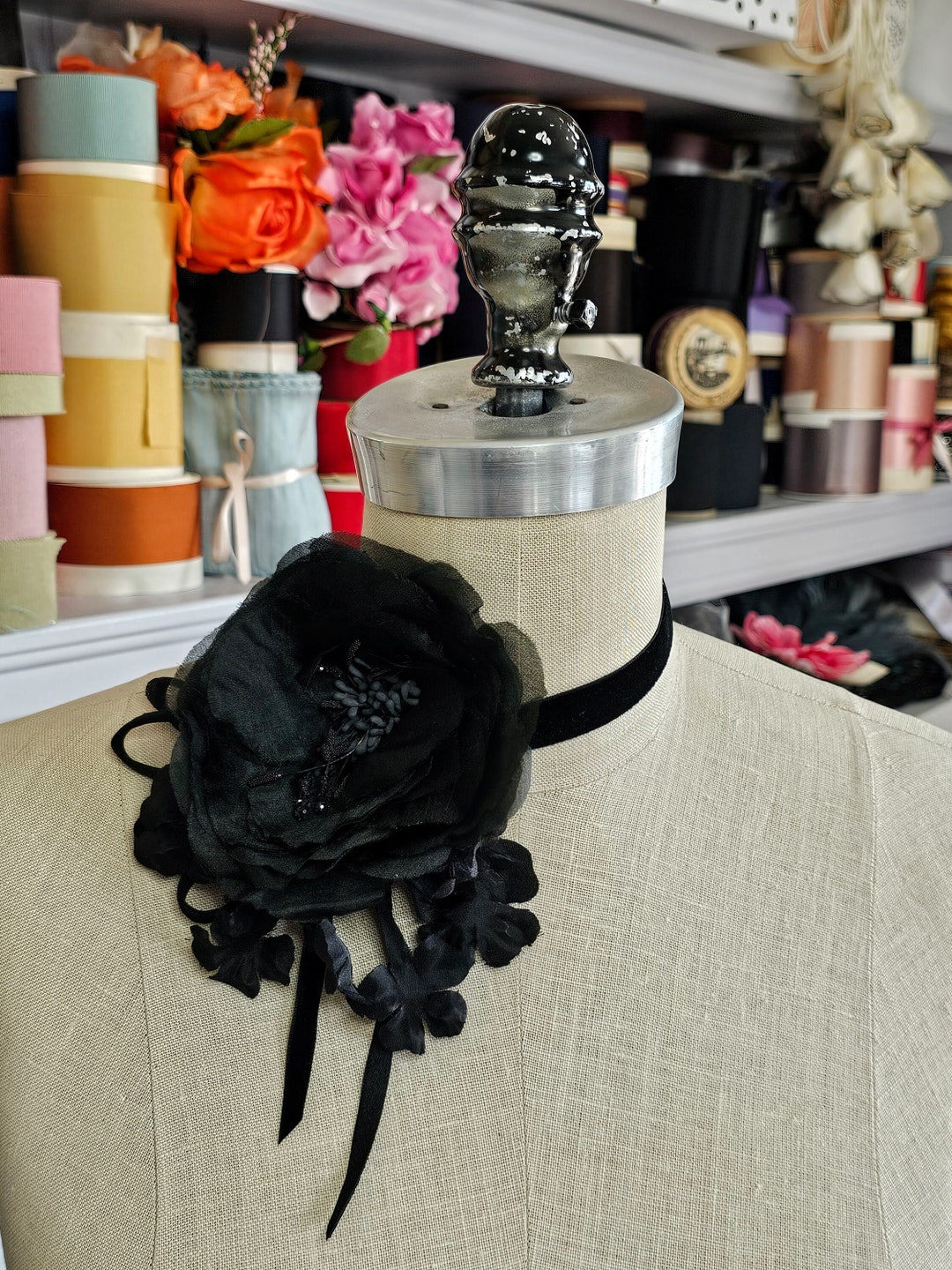 Black Silk Rose Flower Choker, Velvet Ribbon Choker, Flower Necklace ...