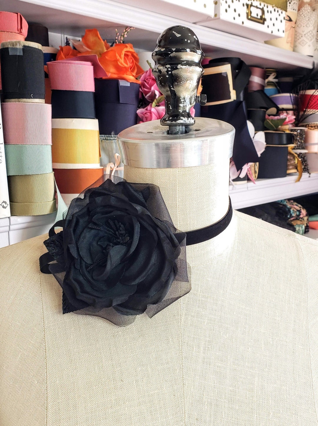 Black Silk Rose Flower Choker, Velvet Ribbon Choker, Flower Necklace ...