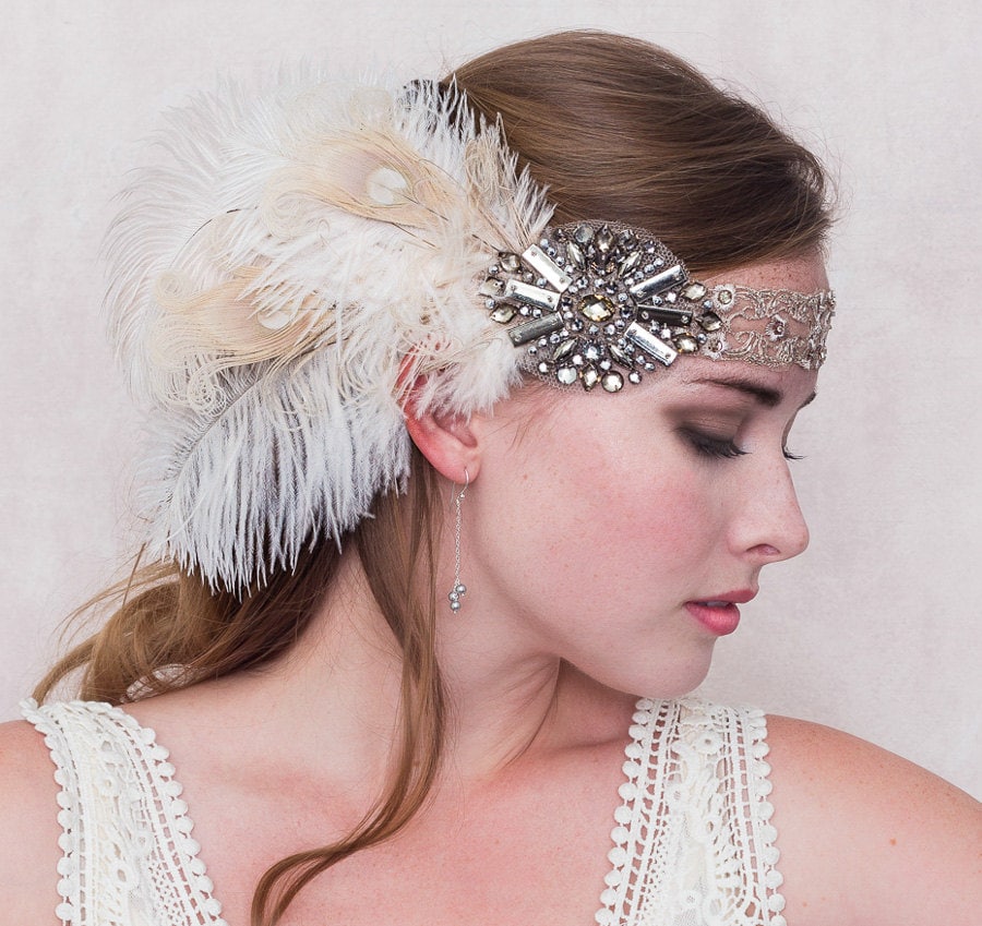 Gatsby Flapper Feather Headband Ivory And Champagne Gold | Etsy