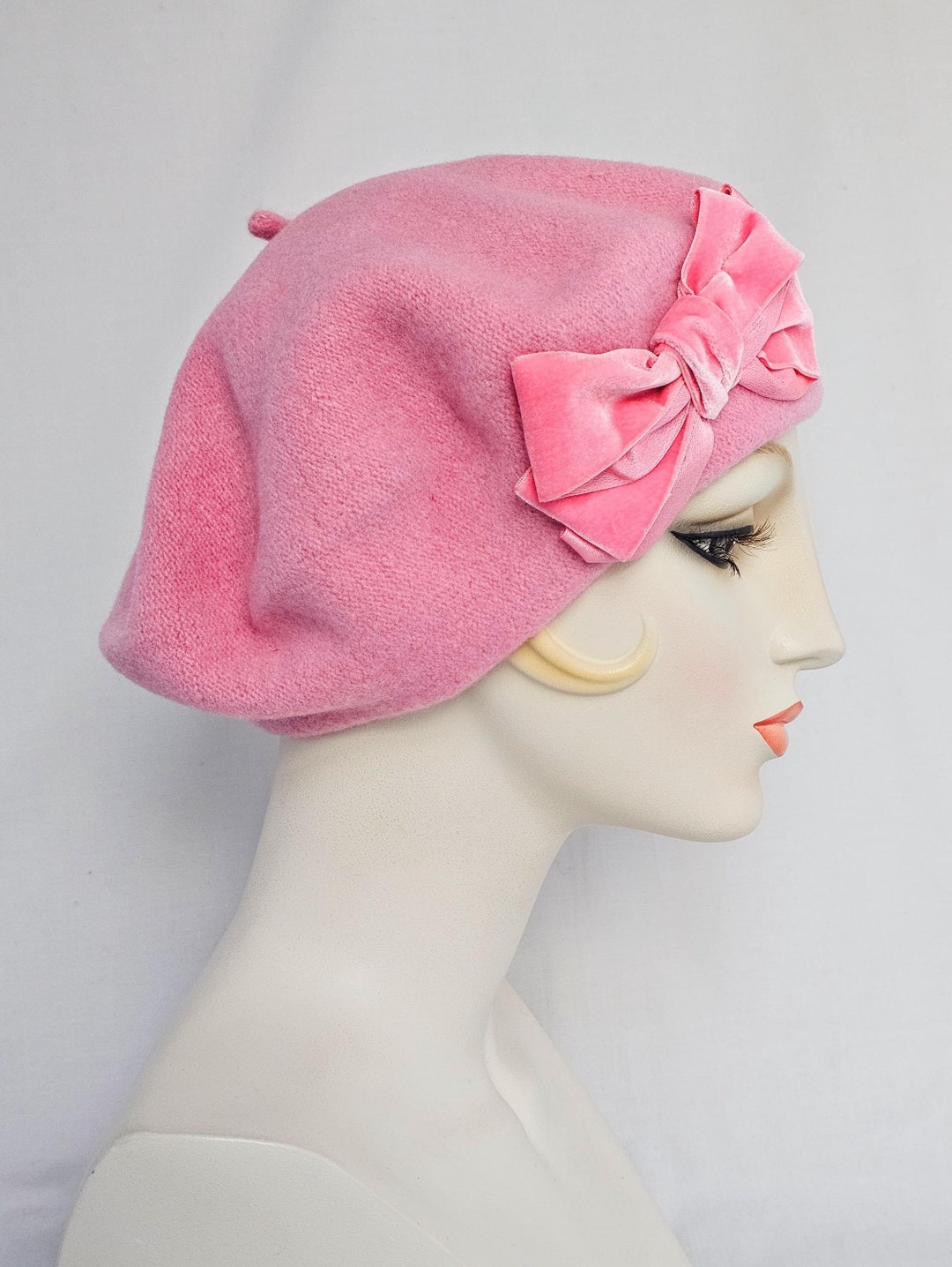 Rose Pink Wool Beret With Velvet Ribbon Bow, Women's Tam, Handmade ...