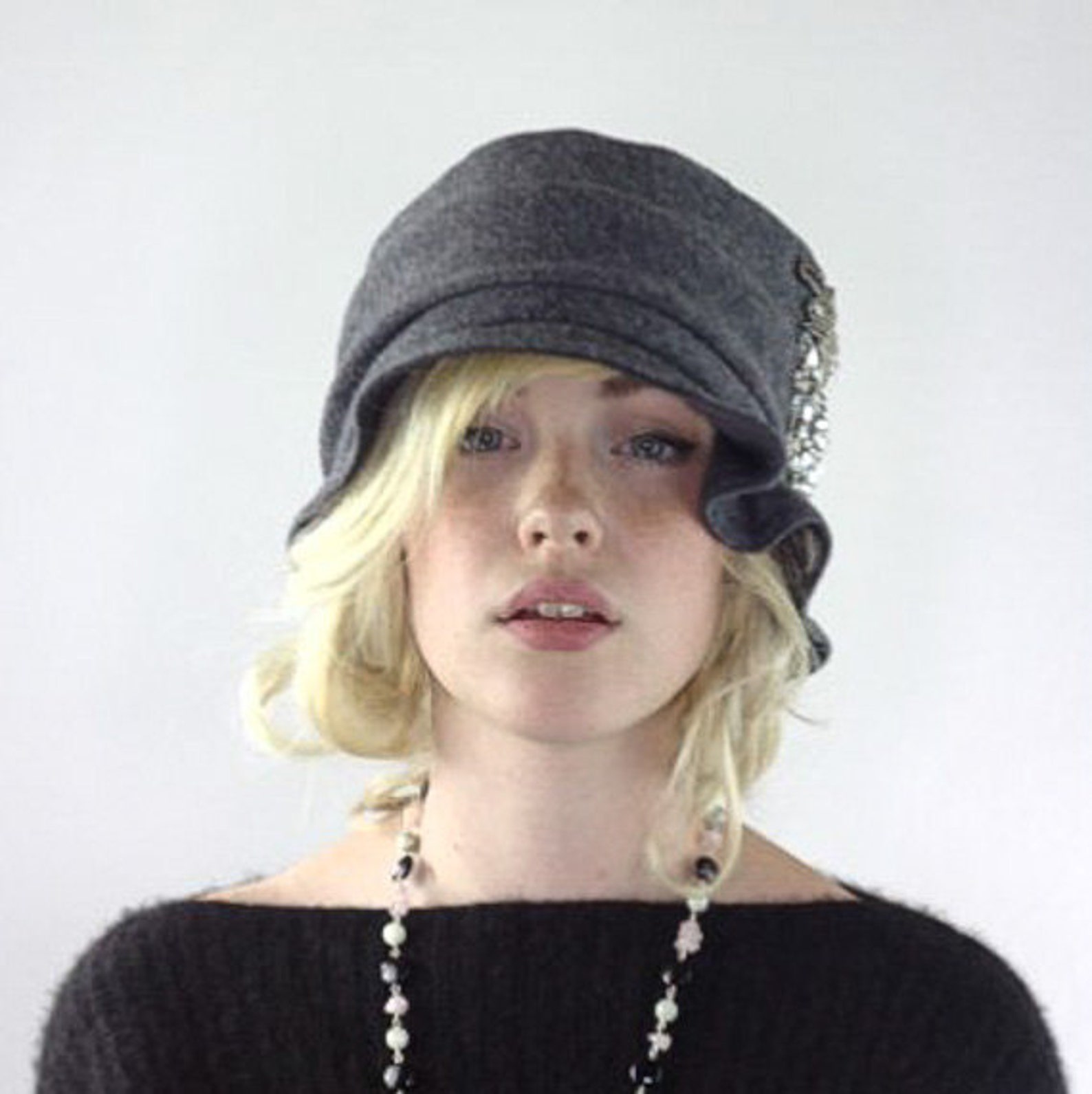 Knit Hat Flapper Cloche in Gray Wool With Pewter and Crystal - Etsy