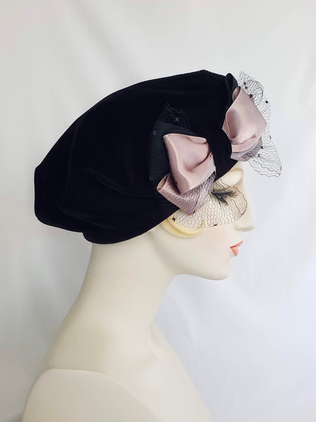 Black Velvet Beret With Vintage Champagne Satin Ribbon Bow, Mini Beret ...