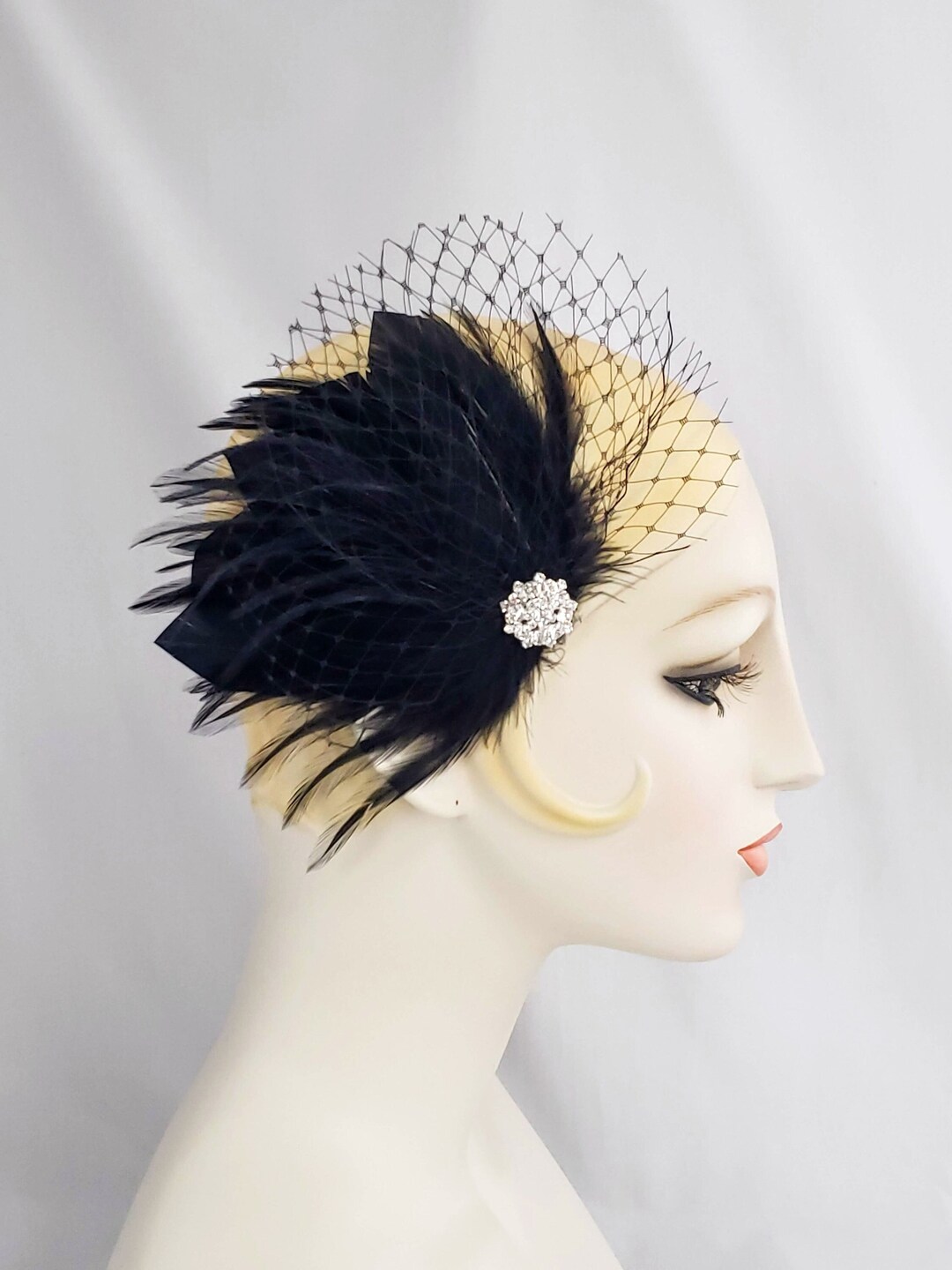 Black Feather Hair Clip With Black Veil, Fascinator, 1920's Flapper ...