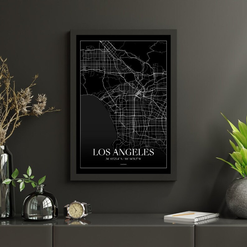 Digital Poster Los Angeles Black, Map Poster, Poster, Map of Los ...