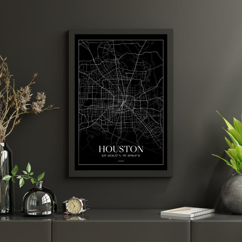Digital Poster Houston Black, Map Poster, Poster, Map of Houston, City ...