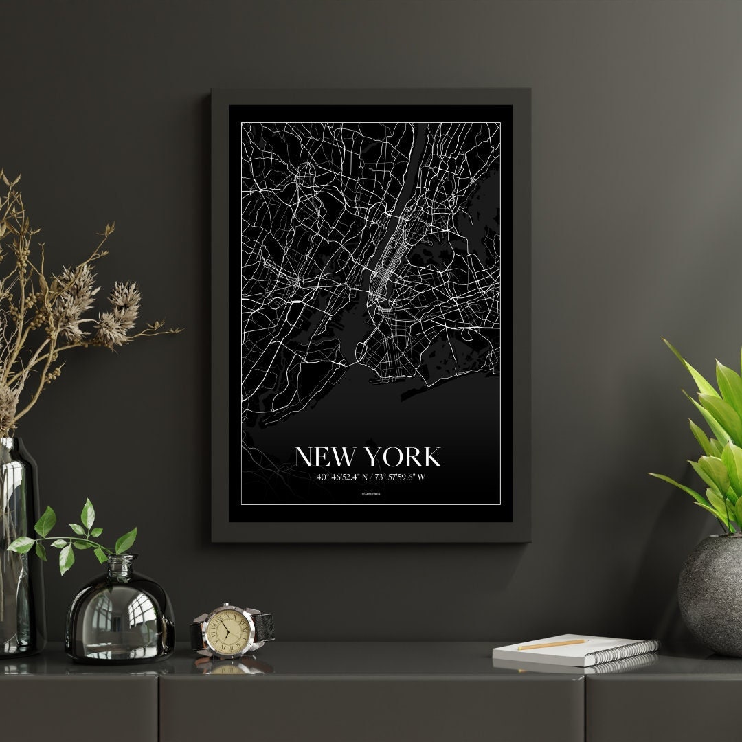 Digital Poster New York Black, Map Poster, Poster, Map of New York ...