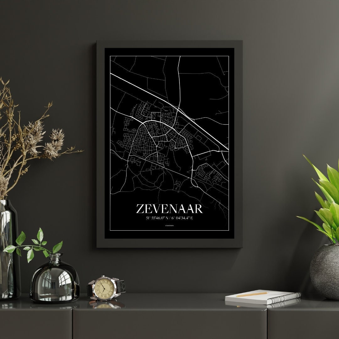Digital Poster Zevenaar Black, Poster Map, Poster, Map Zevenaar, City ...