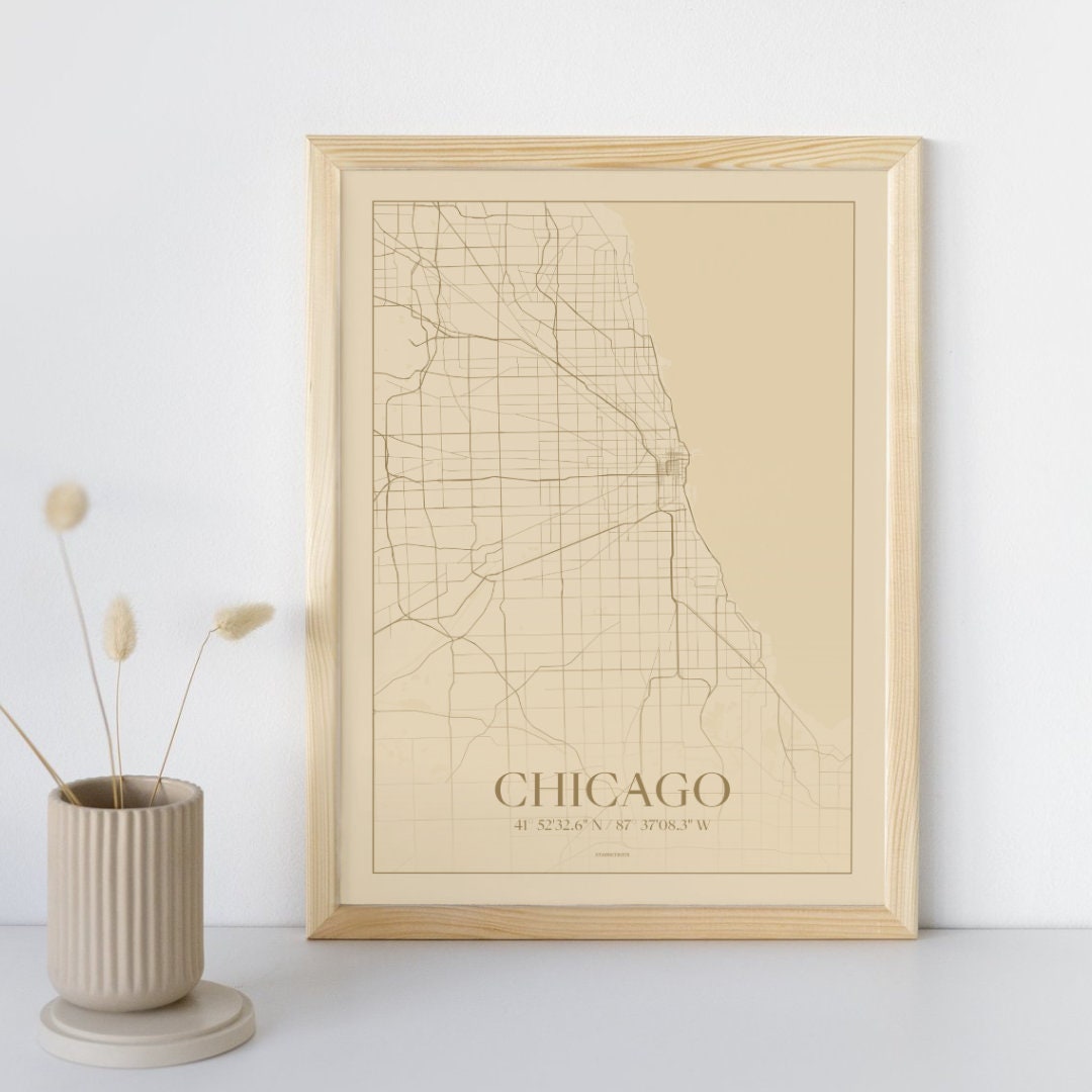 Digital Poster Chicago Beige, Map Poster, Poster, Map of Chicago, City ...