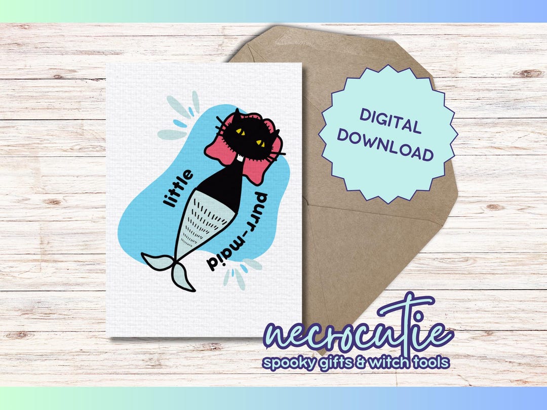 Digital Download Black Cat Mermaid Card - Cute Pun Birthday Card - Etsy