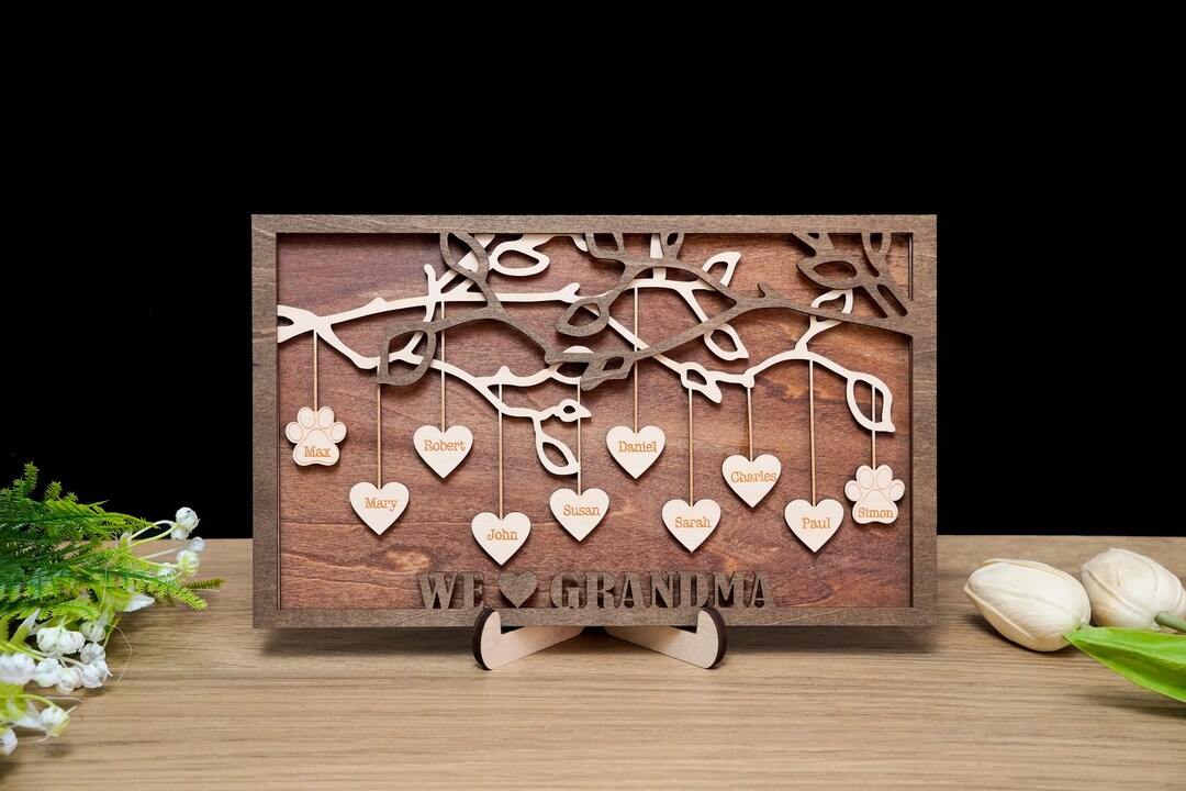 Customized Wooden Family Tree Sign, Family Names Sign,hanging Hearts ...