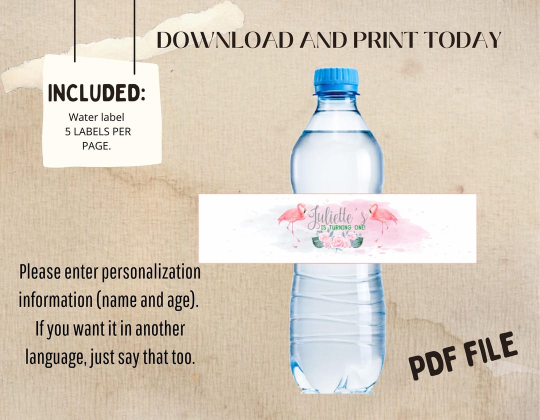 DIY Printable Download Pink Flamingo Water Bottle Labels, Tropical Leaf ...