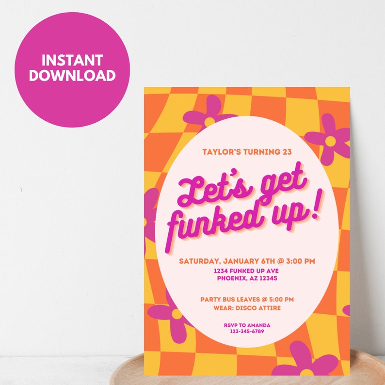 Let's Get Funked up Birthday Party Invitation, Disco Party Invite ...