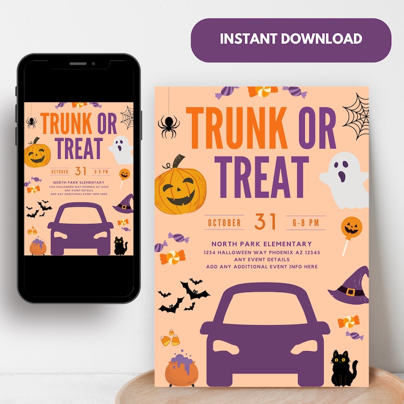 Trunk or Treat Invitation, Trick or Treat Party Invitation Template ...