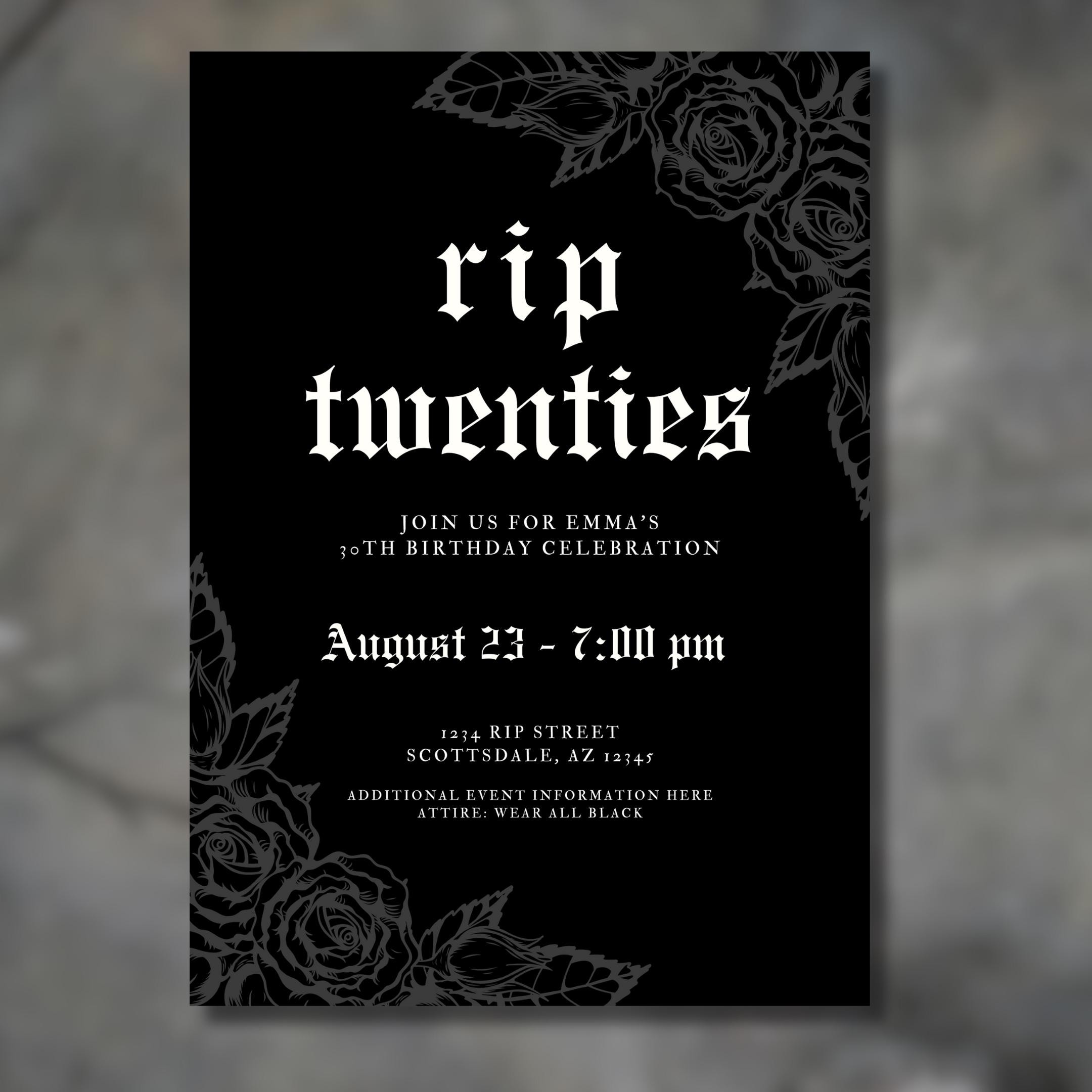RIP 20's Birthday Party Invitation Template, Death to My Twenties Theme ...