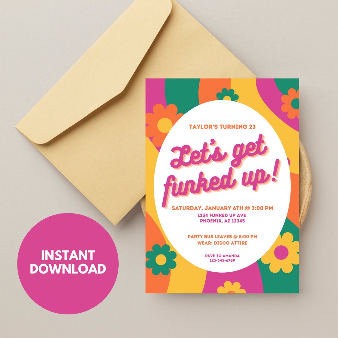 Let's Get Funked up Birthday Party Invitation, Disco Party Invite ...