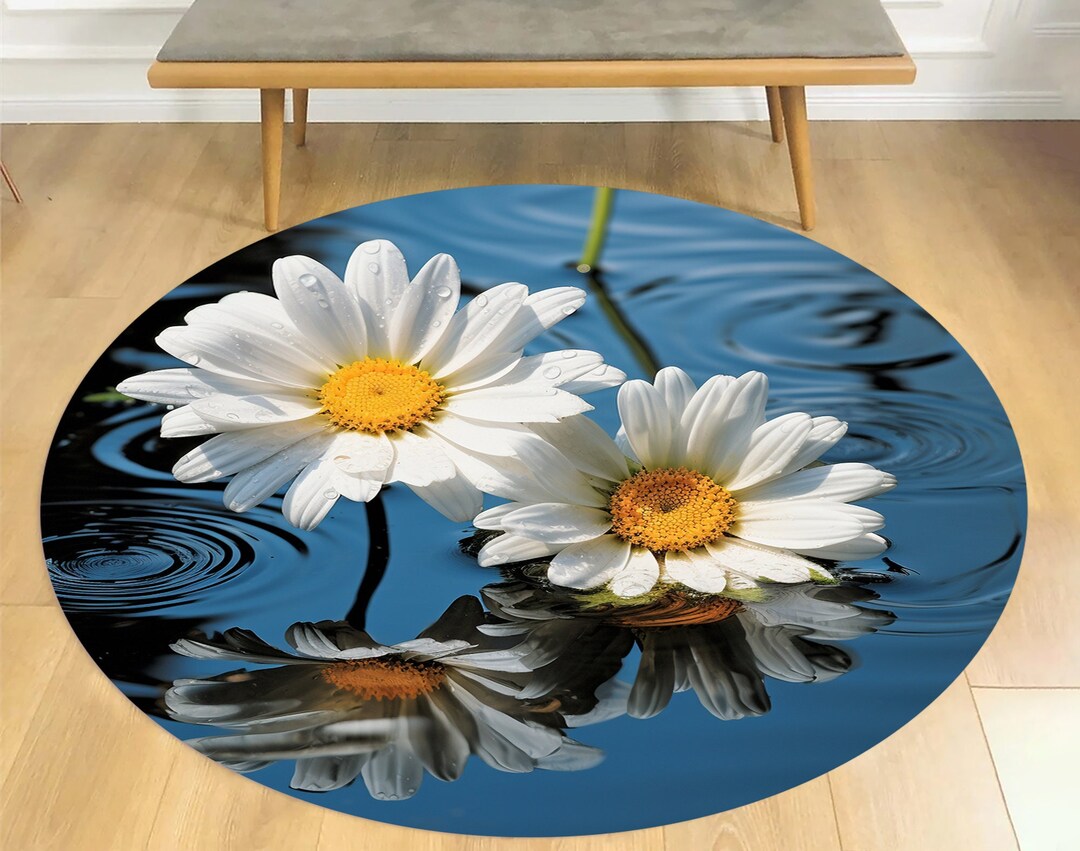 Daisy Round Rug, White Daisy Rug, Water and Daisy Rug, Natural Rug ...