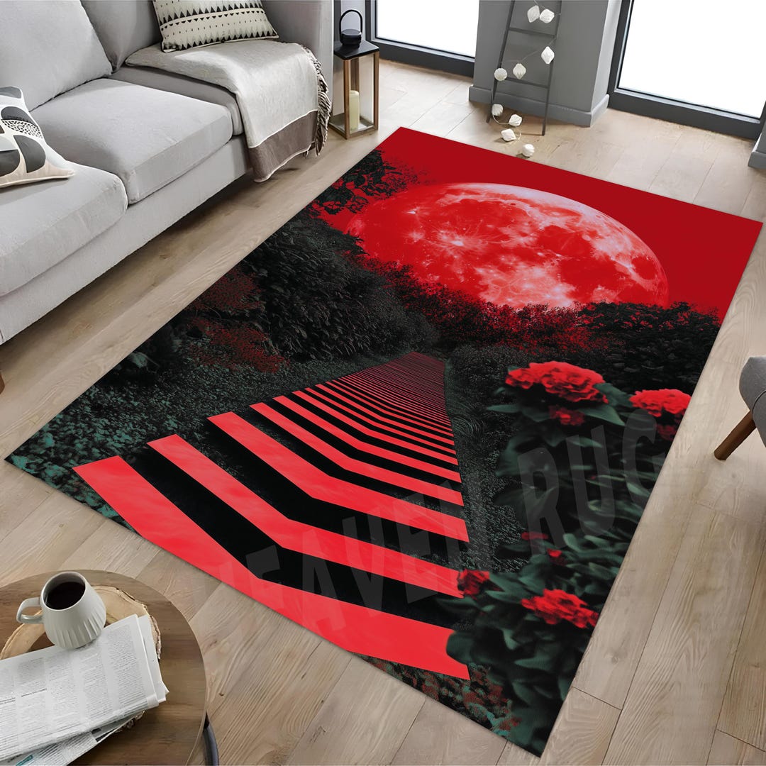 Red Moon Rug, Moon Decor Rug, Full Moon Rug, Moon Design Rug,night Rug ...