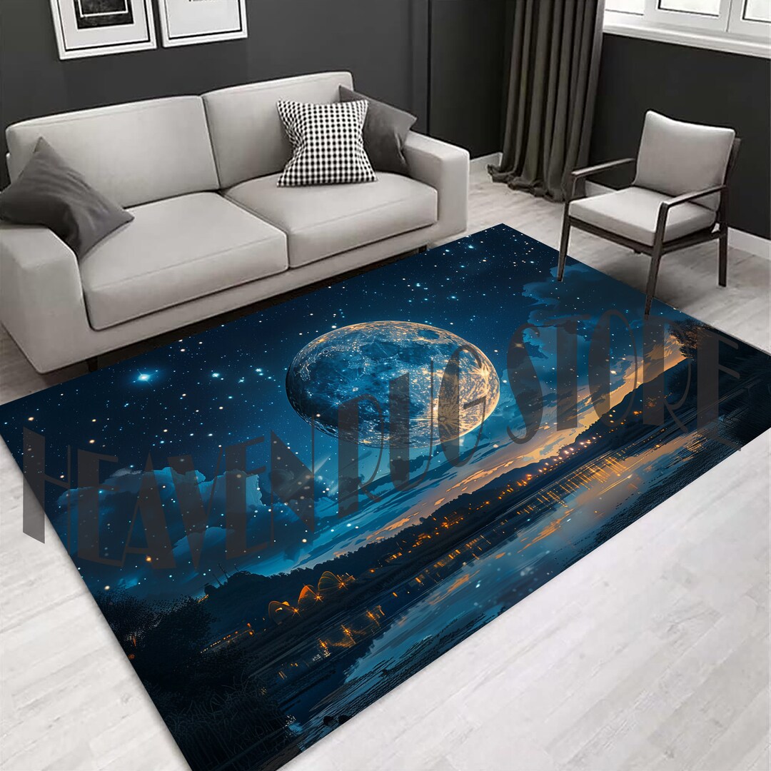 Blue Moon Rug, Navy Blue Rug, Full Moon Rug, Moon Design Rug, Night Rug ...