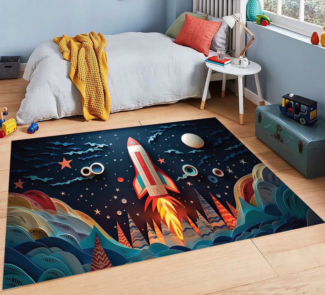 Spaceship Rug, 3d Space Themed Rug, Rocket Design Rug, Kids Room Rug ...