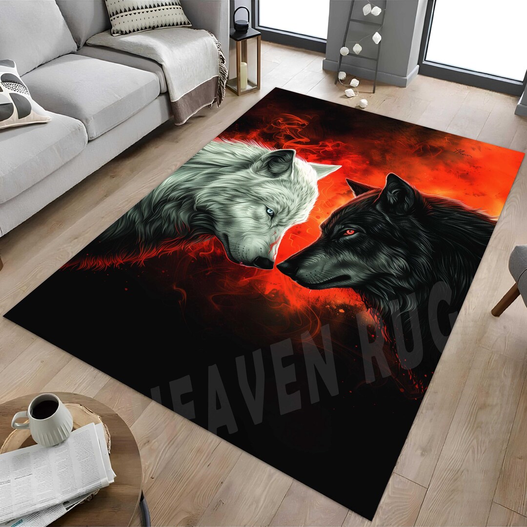 Wolf Area Rug: Black & White Animal Design, Wildlife Decor - Etsy