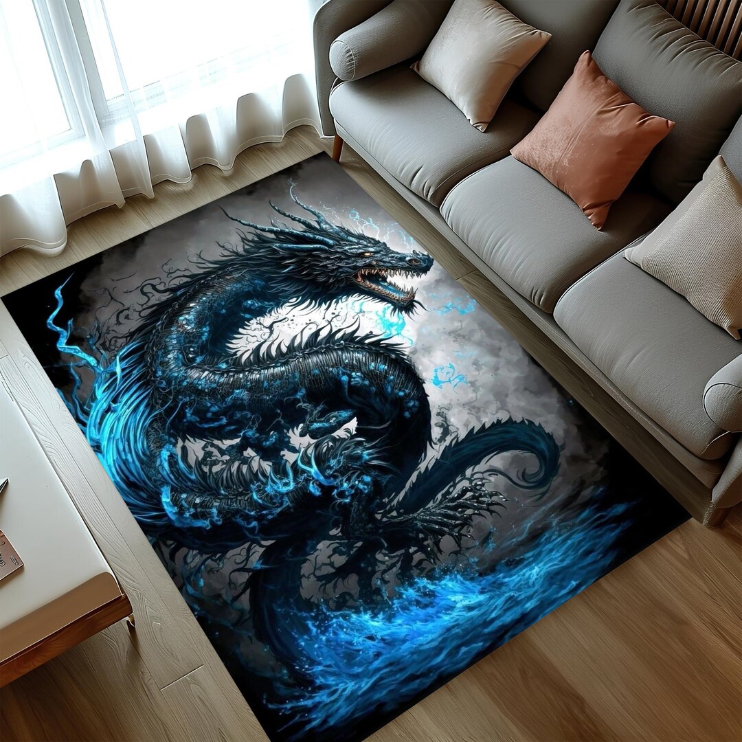 Dragon Rug, Black Dragon Rug, Blue Black and Gray Dragon Rug, Dragon ...