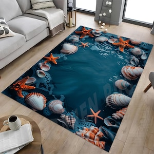 Sea Shells Rug, Sea Rug, Starfish Rug, Blue Decor Rug, Stars Rug, Beach ...