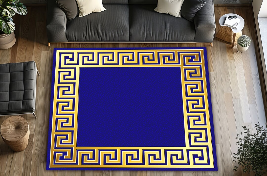 Greek Square Rug, Dark Blue and Gold Greek Rug, Greek Decor Rug, Greek ...